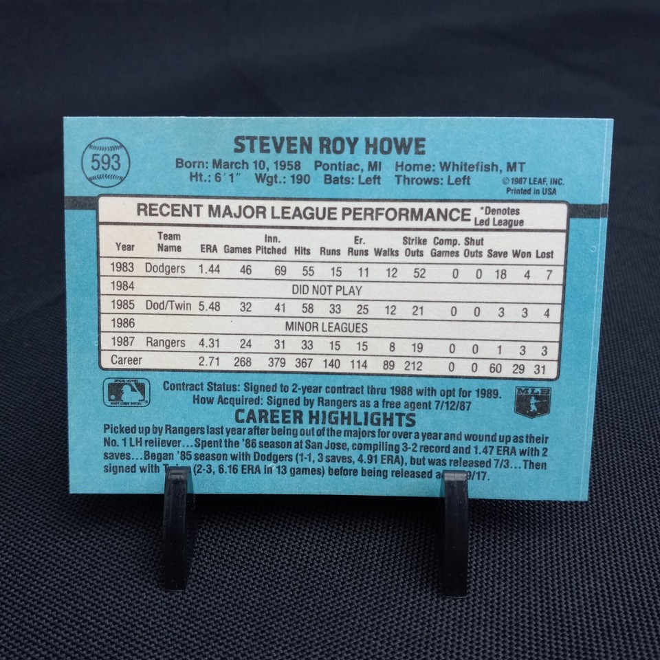 1988 Leaf Donruss #593 Steve Howe Texas Rangers Baseball Card (1A413 ...