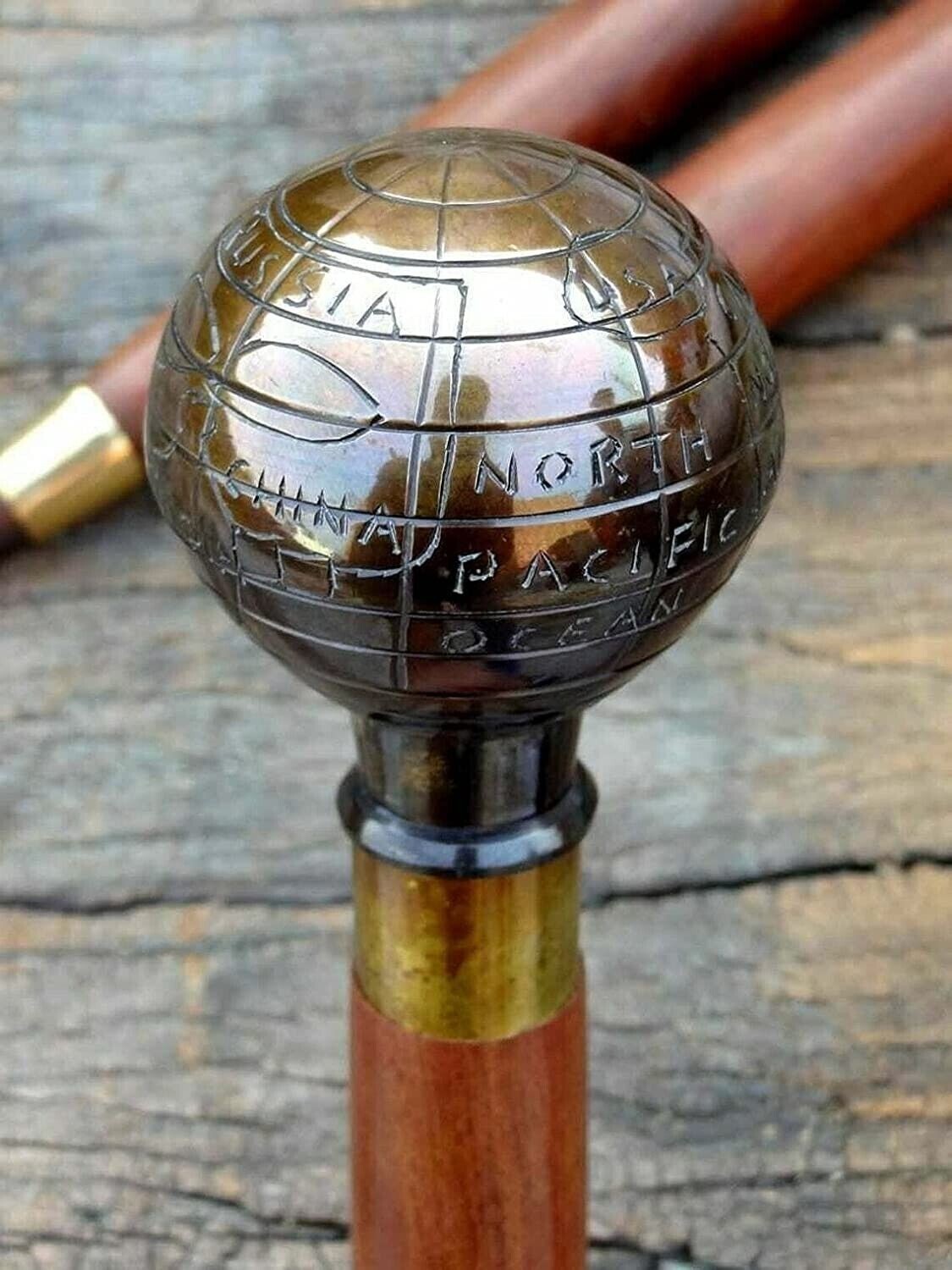 Antique Wooden Brass Walking Designer Globe Handle An… - Gem