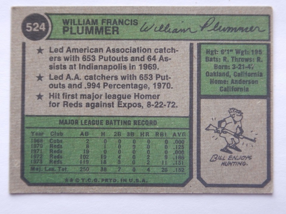Bill Plummer #524 Topps 1974 Baseball Card (Cincinnati Reds) VG | eBay