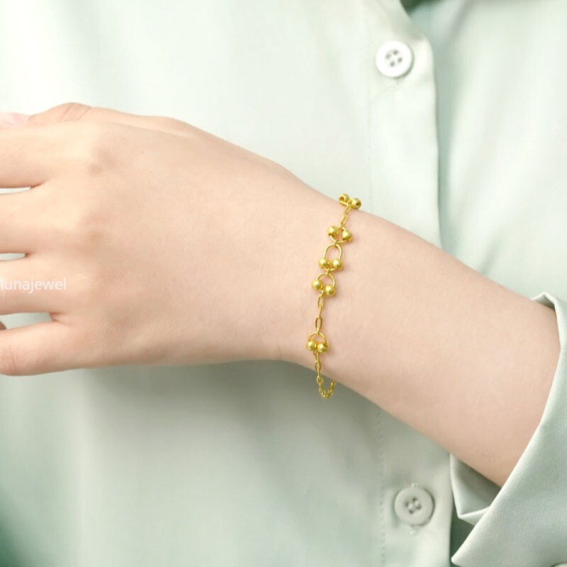 Pure 999 24K Yellow Gold Square Chain Women Lucky Smooth Beads Link ...