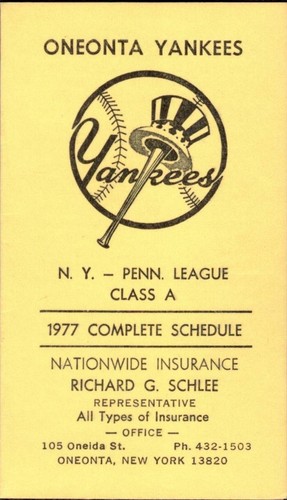 1977 Oneonta Yankees minor league baseball pocket schedule by ...