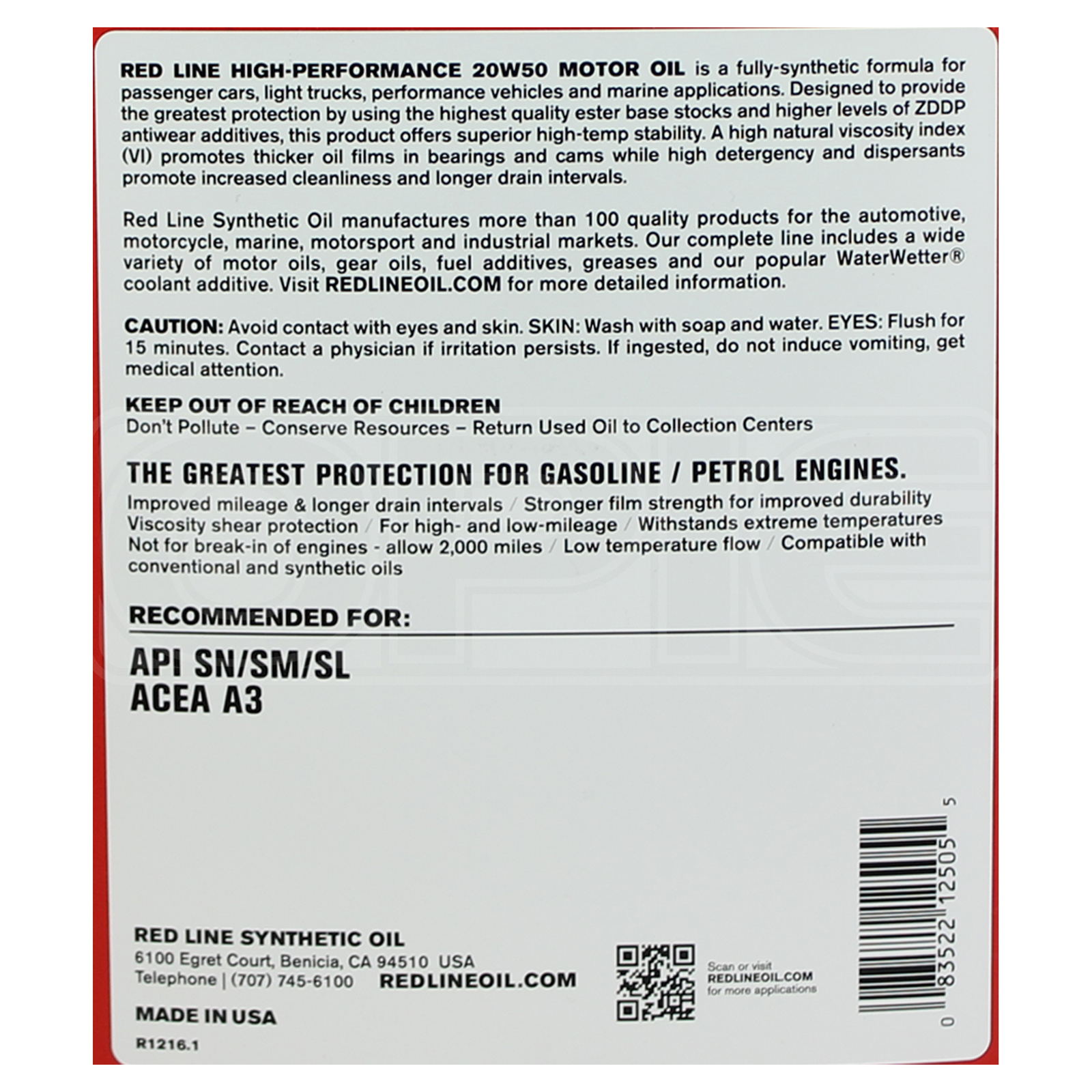 RED LINE High Performance Synthetic Motor Oil 20W-50 20W50 1 US Gallon ...