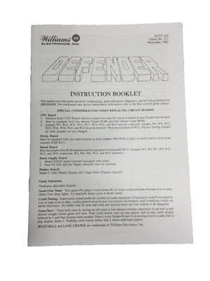 Williams Defender Pinball Instruction Booklet | eBay