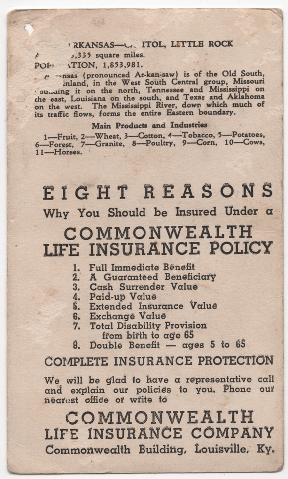 Arkansas State Trading Card U.S.A. States SERIES Commonwealth Insurance ...