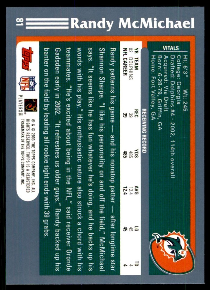 2003 TOPPS RANDY MCMICHAEL MIAMI DOLPHINS #81 | eBay