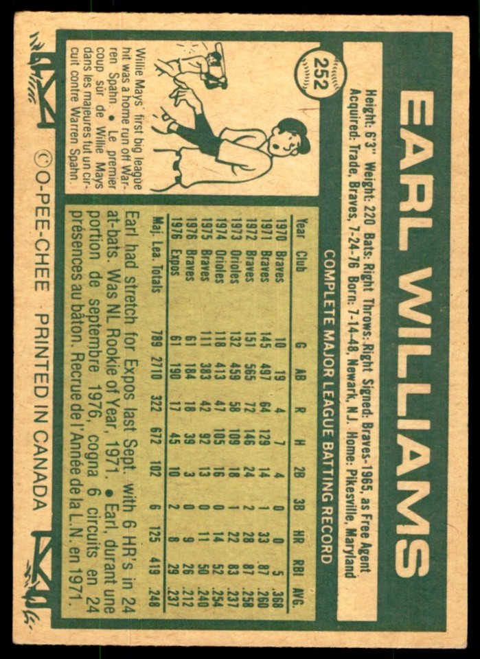 1977 O-PEE-CHEE: EARL WILLIAMS MONTREAL EXPOS #252 | eBay