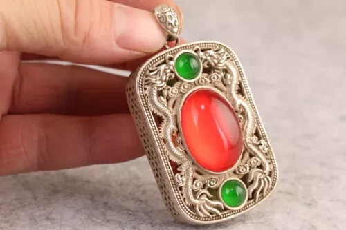 Collection Chinese Tibet Silver inlay red zircon Statue Amulet necklace ...