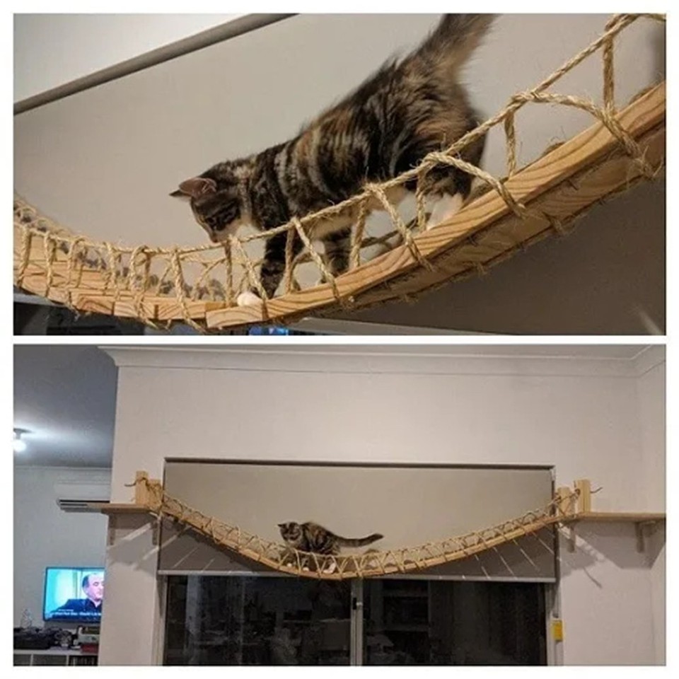 1m Wall-mounted Wooden Cat Bridge with Rope for Cat Climbing Cat ...