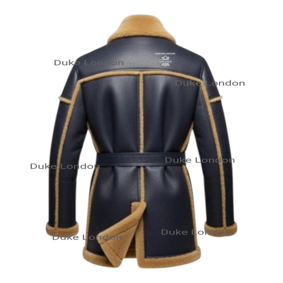 Men Real Sheep Skin Leather Long Coat Fur Vintage Retro Leisure Bomber ...