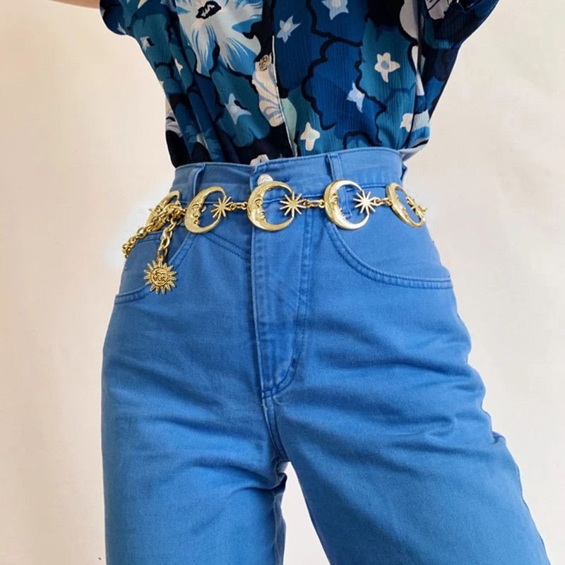 Punk Metal Sun Moon Belt Vintage High Waist Aesthetic Chain Belts Women ...