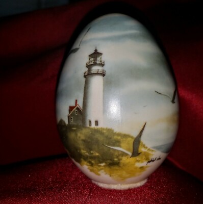 DENISE PATCHELL OLSON Porcelain Egg LIGHTHOUSE Beach Seagulls Nautical ...
