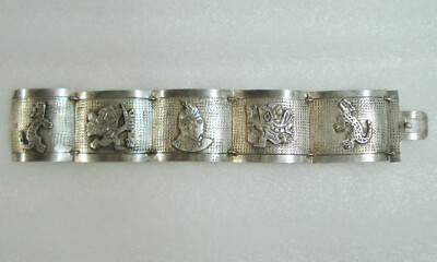 Vtg 900 Coin Silver Peru Story Bracelet Link Panel Mayan Inca Coyote ...
