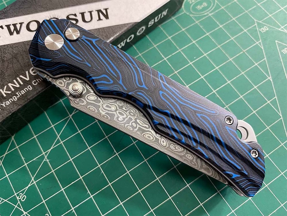 TWOSUN BUTTONLOCK POCKET KNIFE G10 HANDLE DAMASCUS EDGE TS598-DAMASCUS-BL | eBay