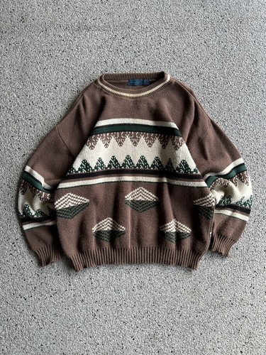Vintage 90s TownCraft Aztec Crewneck Sweater Dimond Design knit Brown ...