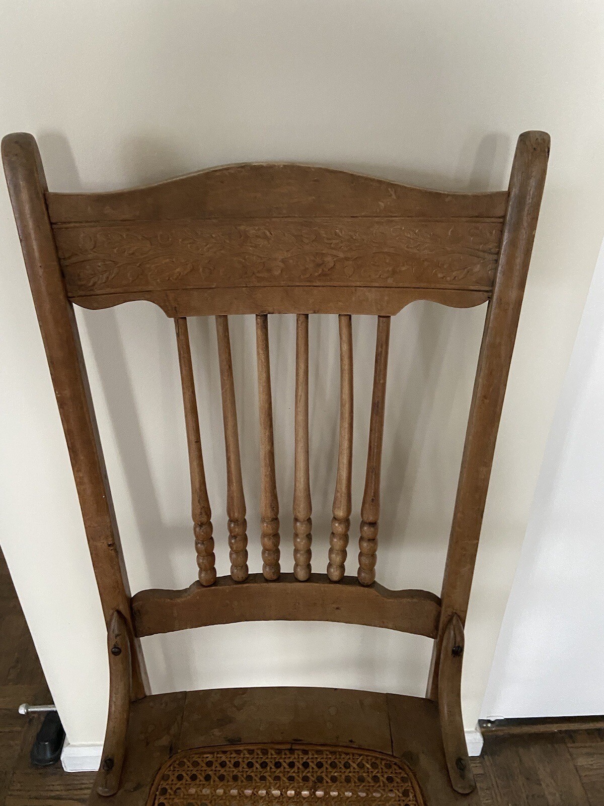 antique wooden spindle carved back chair with cane seat. | eBay