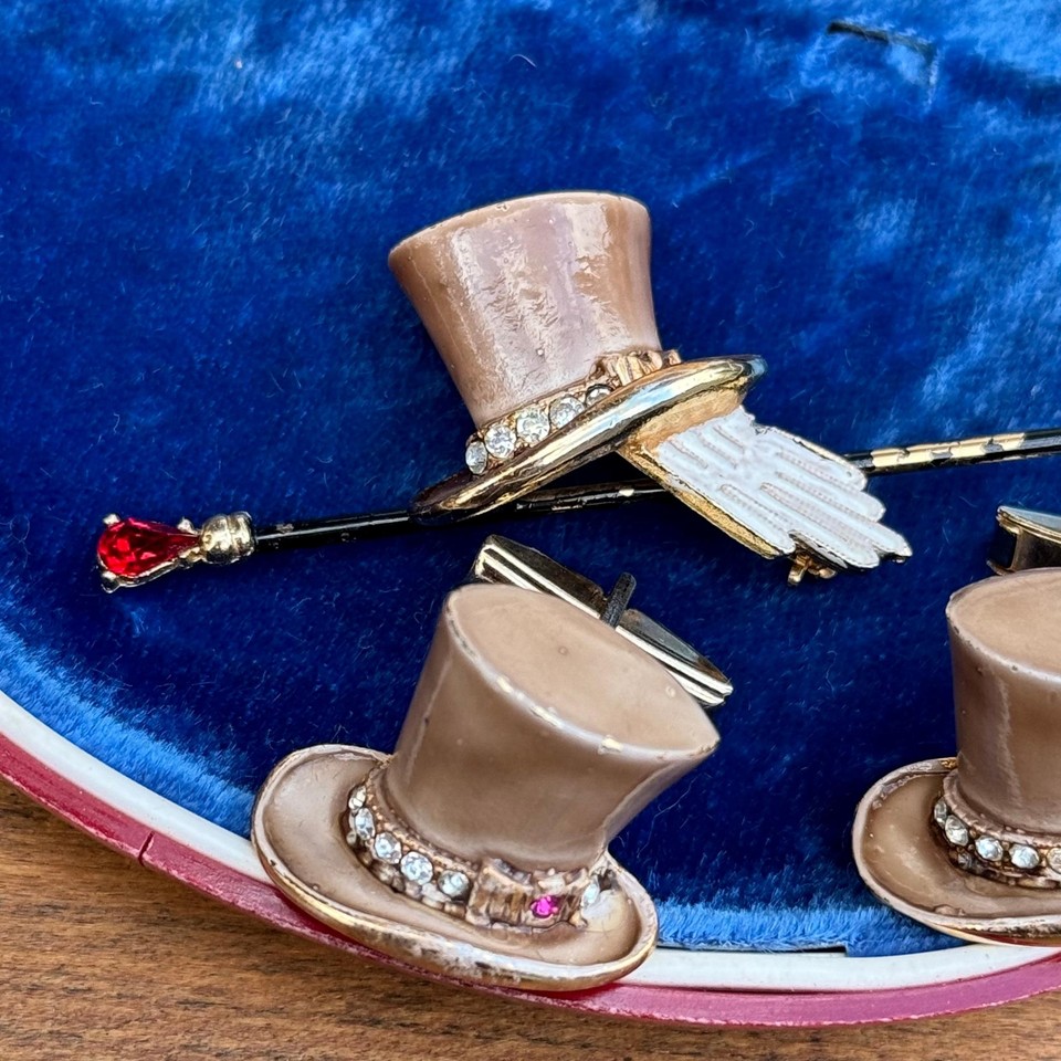 Vintage BSK My Fair Lady Rhinestone Top Hat Pin & Cuff Links Rhinestone ...