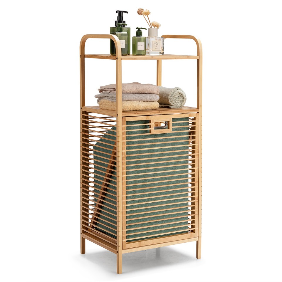 Laundry Hamper Tilt Out Bin Bamboo Shelf Slat Frame Space Saving ...