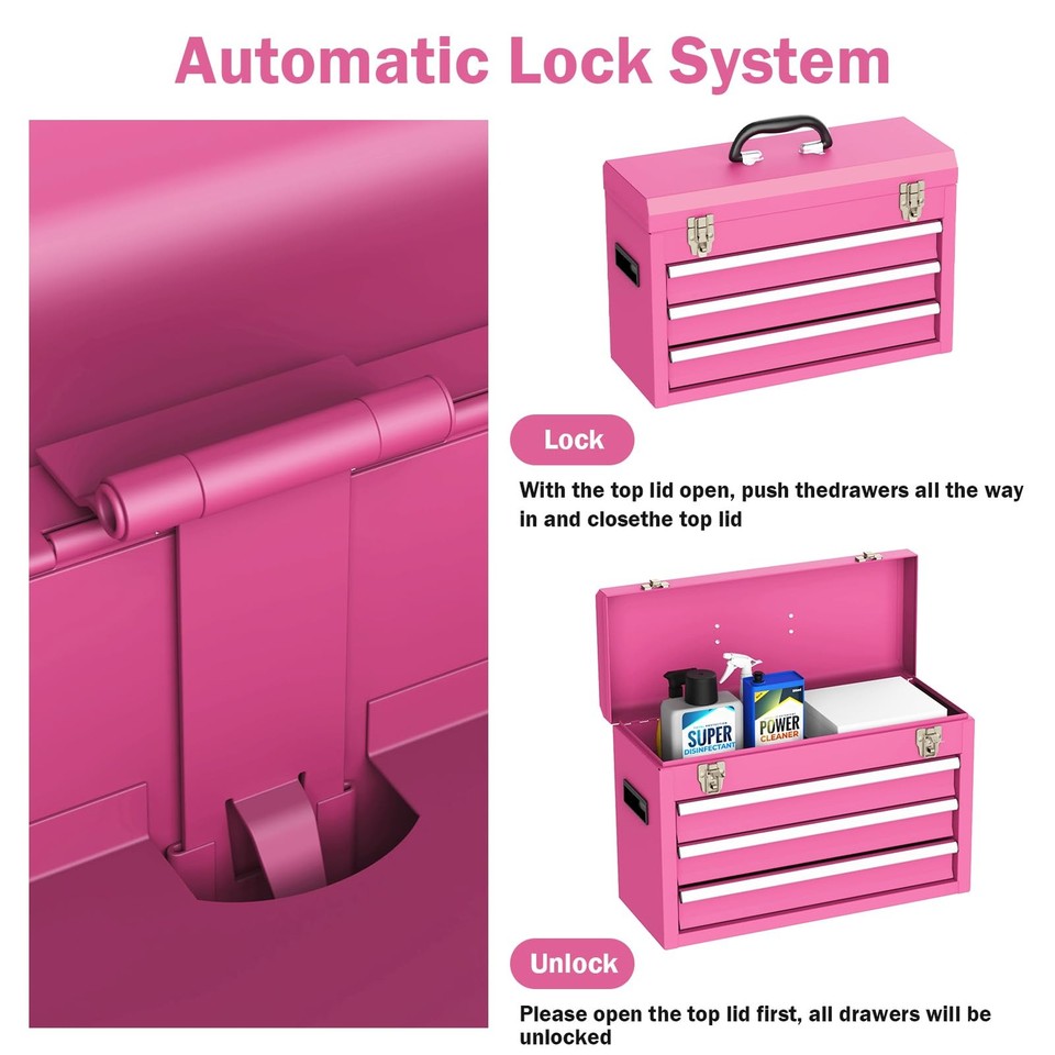 Portable Metal Tool Box, 3 Drawer Steel Tool Box with Top Storage Tray ...