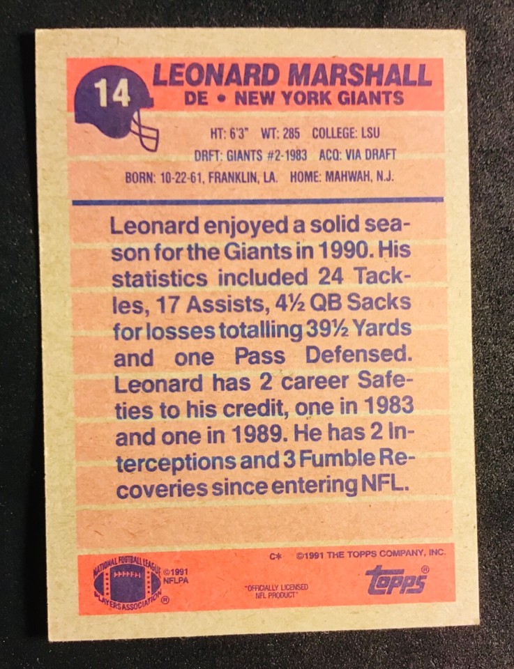 New York Giants LEONARD MARSHALL autograph signed auto 1991 TOPPS card ...