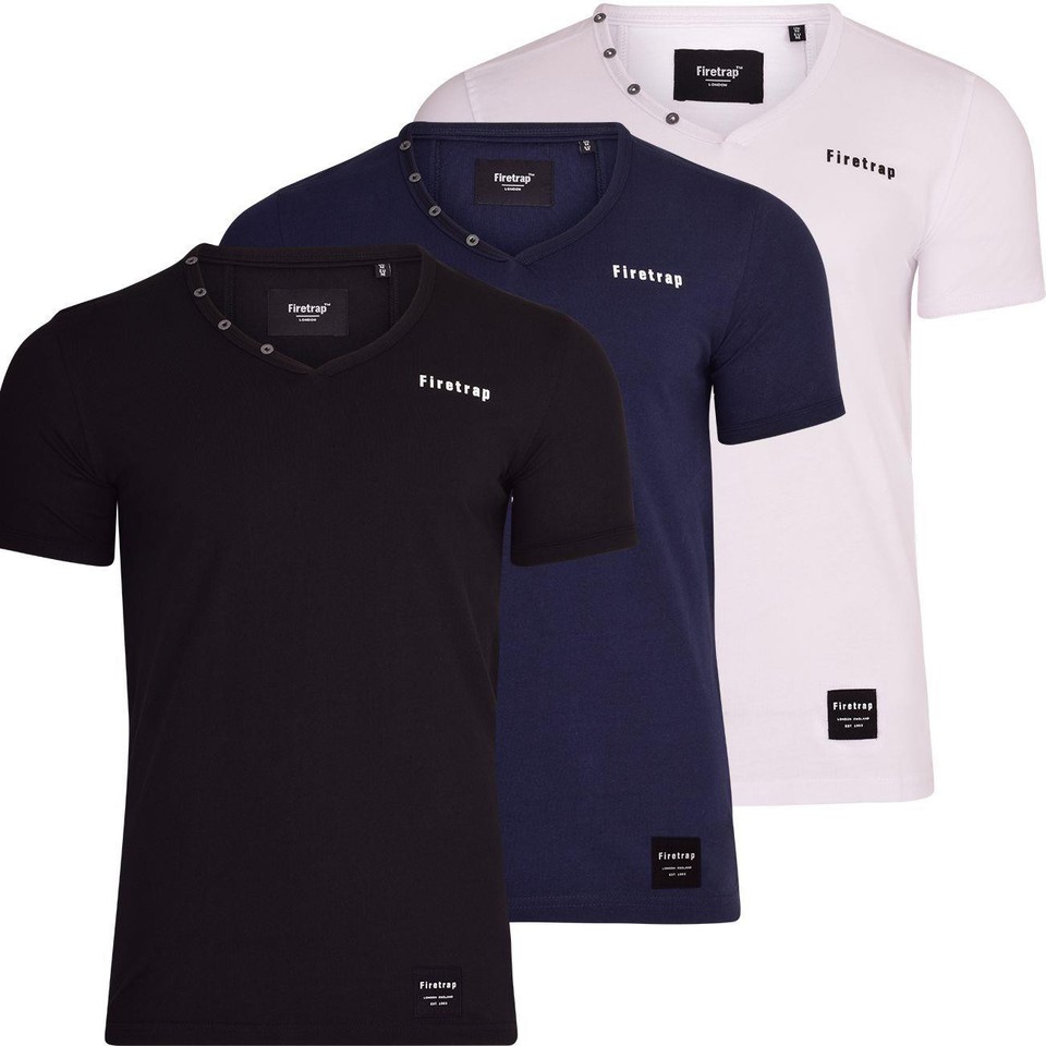 Firetrap Mens V Neck T-Shirt Short Sleeves Buttoned Collar Ribbed V ...