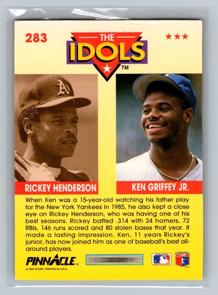 1992 Ken Griffey Jr. / Rickey Henderson #283 Pinnacle Seattle Mariners ...