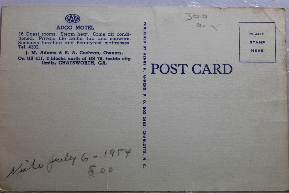 Georgia GA Chatsworth Adco Motel US 411 Postcard Old Vintage Card View ...