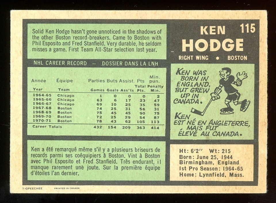 1971-72 O-PEE-CHEE OPC NHL HOCKEY #115 Ken Hodge EX+ BOSTON BRUINS Card ...