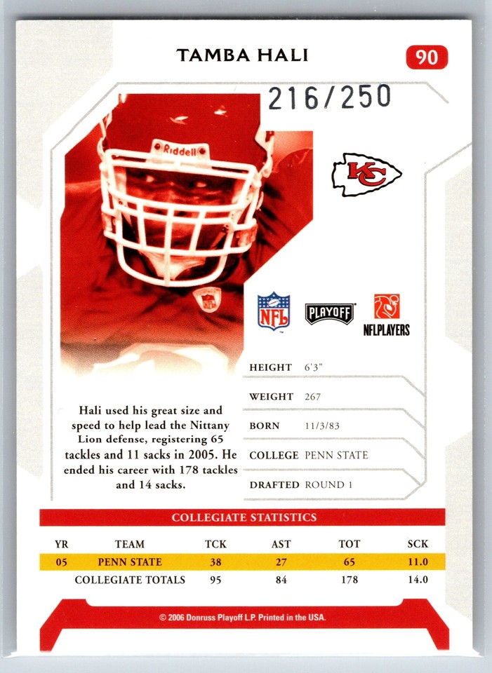 2006 Playoff NFL Playoffs Tamba Hali #90 Silver Proof #/250 10003220 | eBay