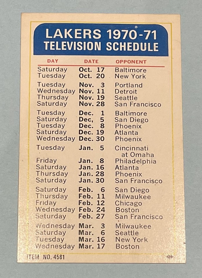 1970-71 Los Angeles Lakers HAMM'S and KTLA TV Card home games Schedule ...