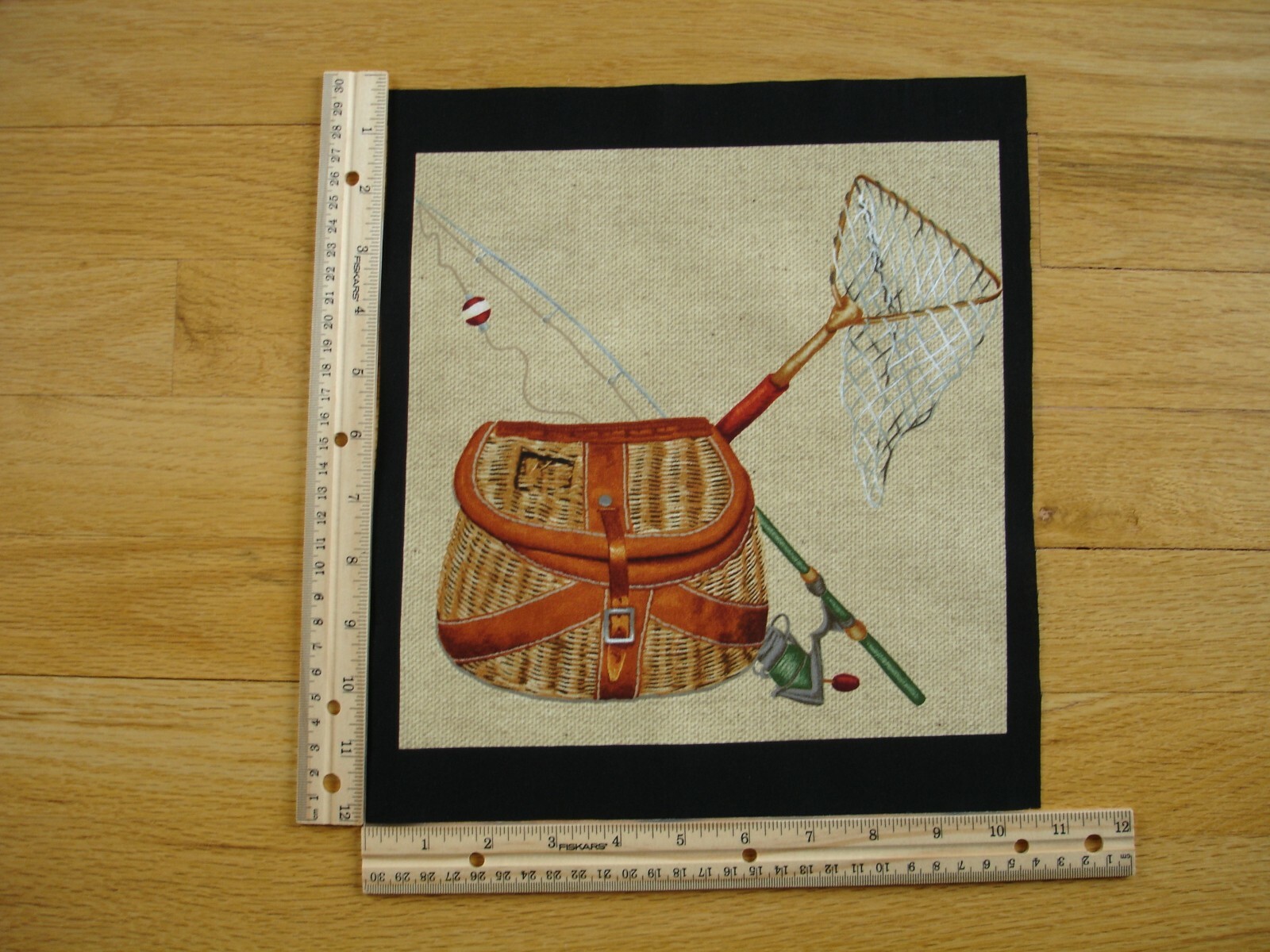 Fishing Creel Basket Net Rod Reel Cotton Quilt Fabric Block 9 1/2" x 9 ...