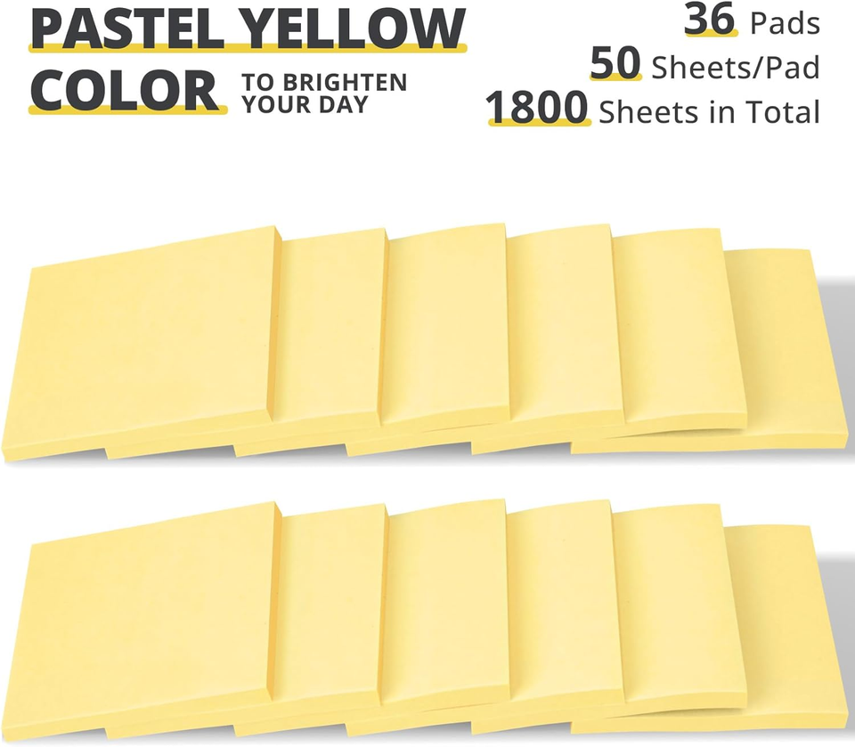 36 Pads Sticky Notes, 3X3 Inches, Yellow Soft Pastel Self-Stick Note ...