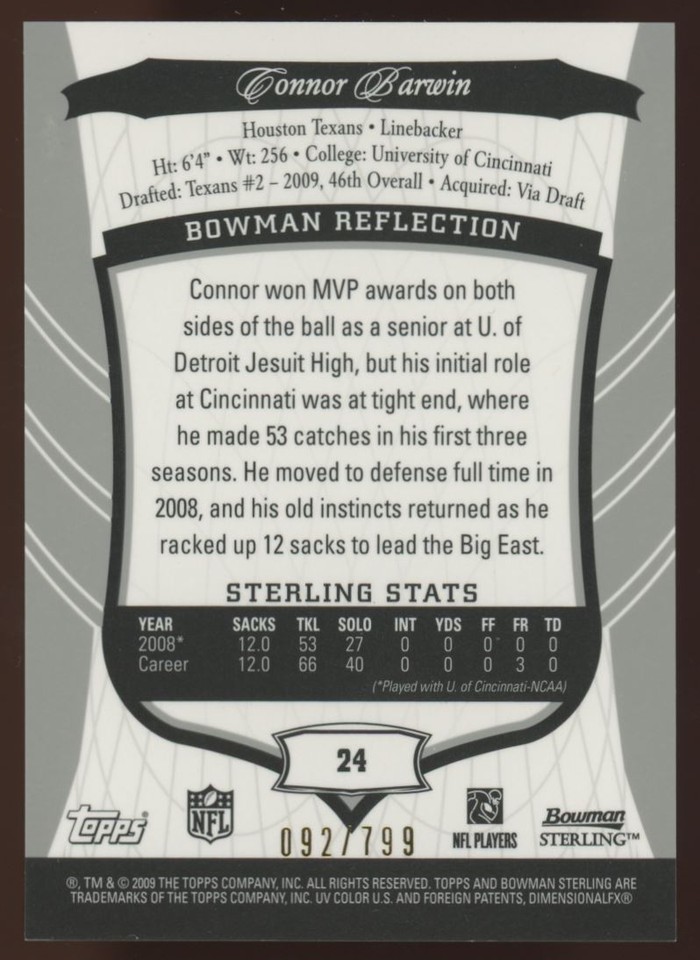 2009 Bowman Sterling Connor Barwin Rookie /799 Houston Texans #24 | eBay