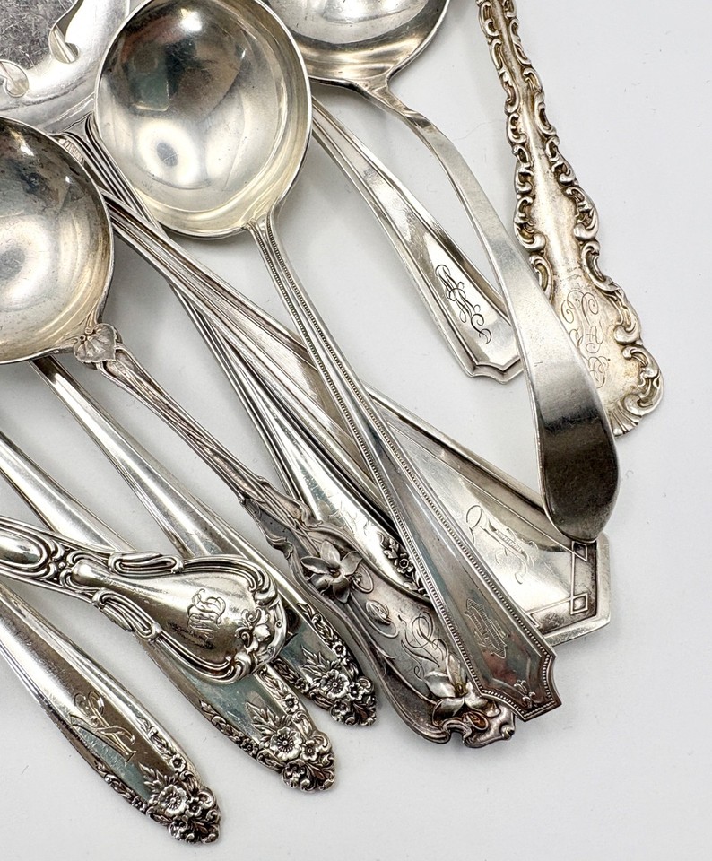 11 Sterling Silver Spoons + Serving Utensils 276 grams mixed lot scrap ...