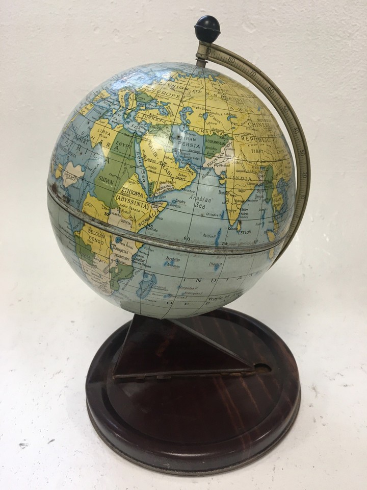 Vintage Political Globe Tin with Wooden Base Mid Century World Map Chad ...