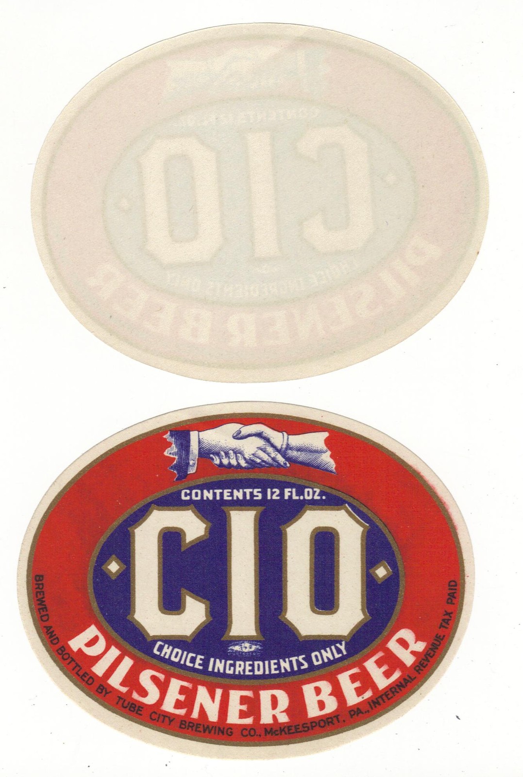 2- C.I.O. PILSENER 12 OZ IRT BEER LABEL,LABELS-TUBE CITY BREWING ...