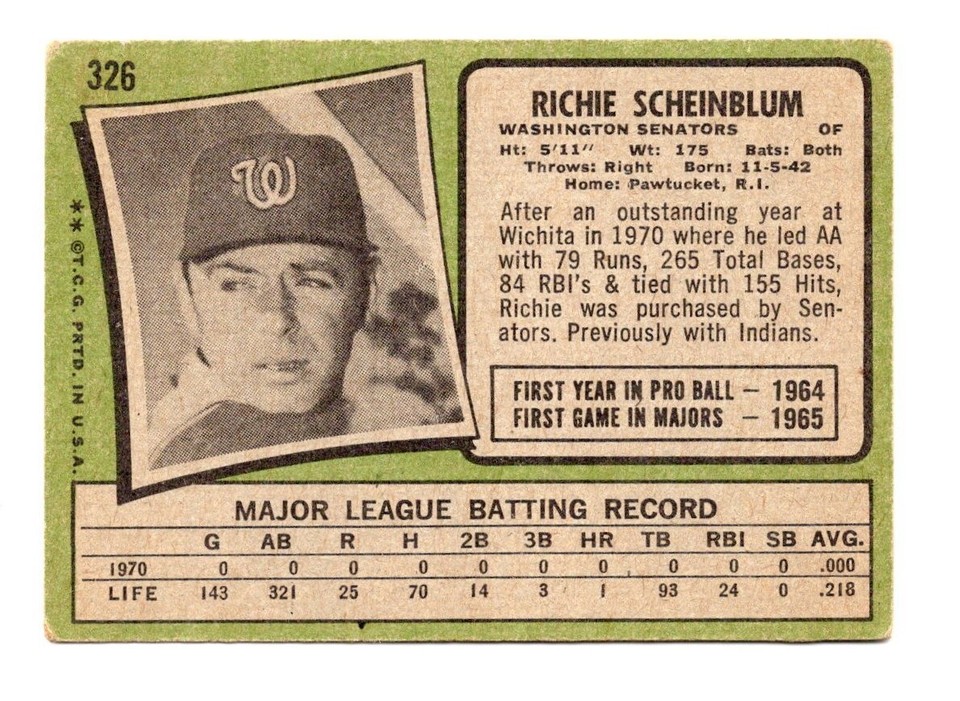 RICHIE ACHEINBLUM 1971 TOPPS BASEBALL 326 WASHINGTON SENATORS | eBay