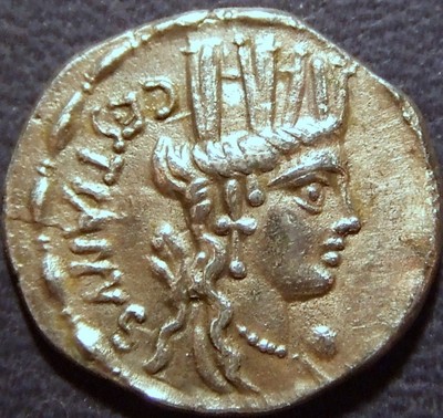 M. PLAETORIUS M.F. CESTIANUS. AR 3 DENARIUS. ANT SYMBOL AND CURULE ...