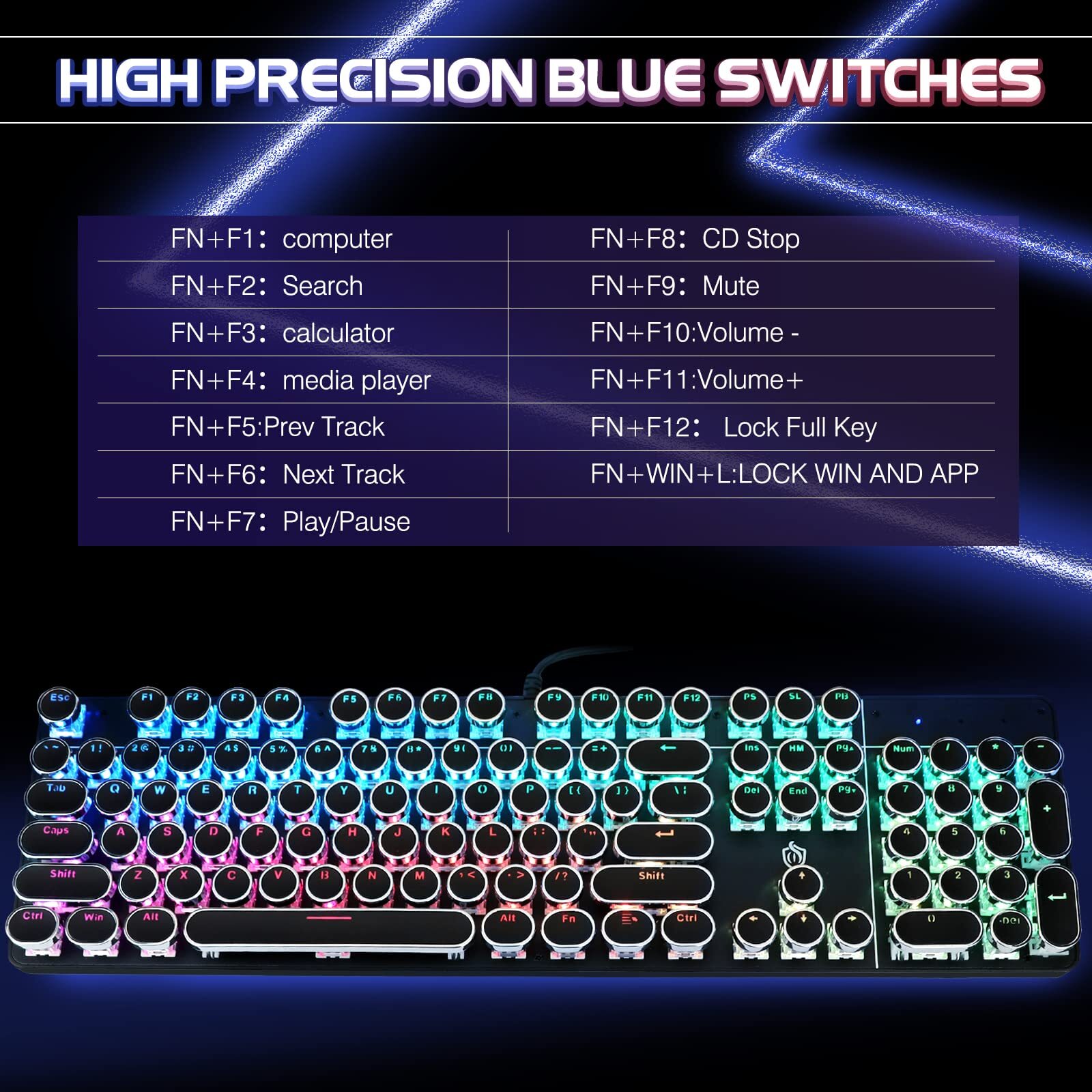 Typewriter Style Mechanical Gaming Keyboard RGB Backlit Wired with Blue ...