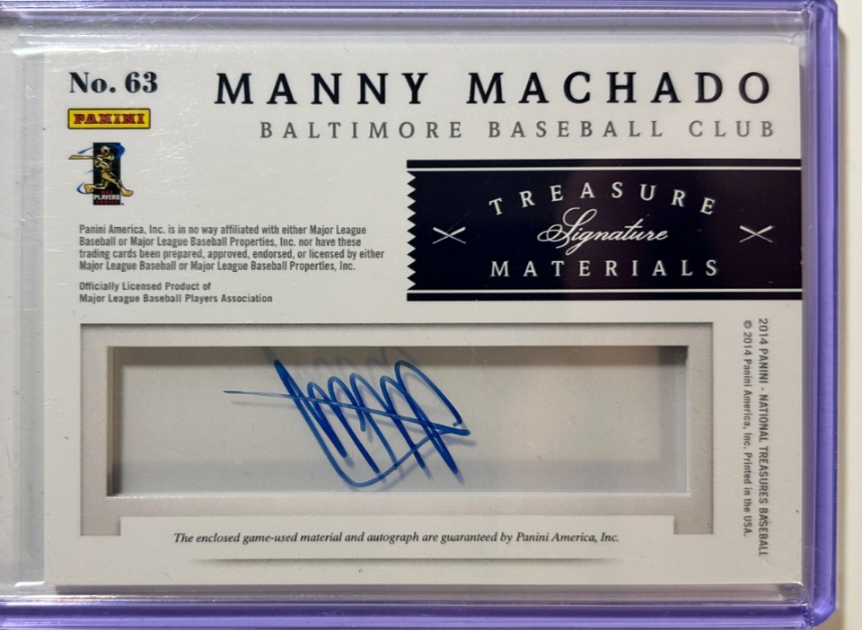 Manny Machado AUTO~PATCH #/10 National Treasures Gold 2014 Signature ...