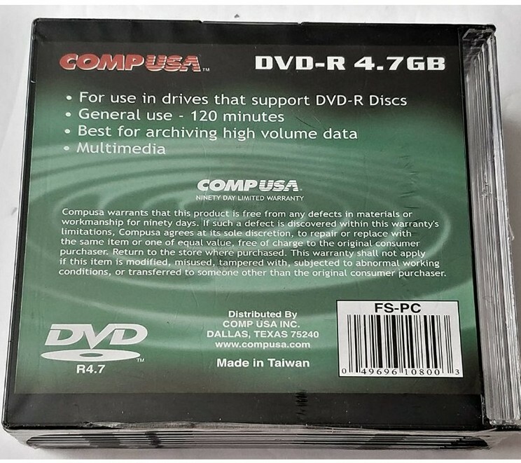 CompUSA 10 pack DVD-R recordable DVDs 4.7 GB in Jewel Cases 120 Min ...