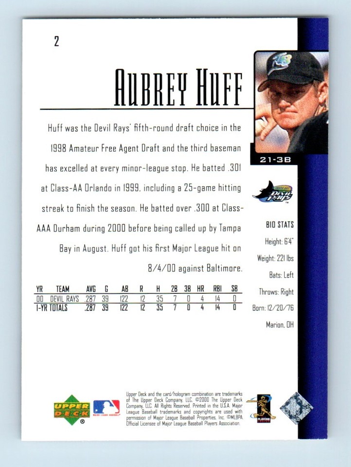 2001 Upper Deck Aubrey Huff Tampa Bay Devil Rays #2 | eBay