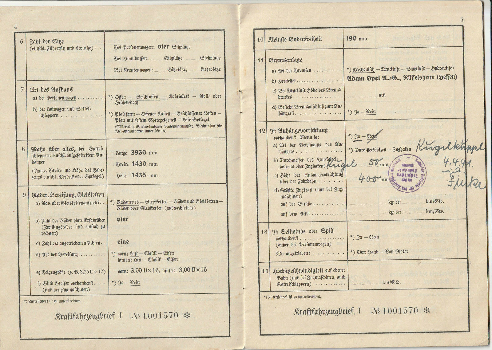 KFZ Brief PKW Opel 1,3 Liter Olympia Baujahr 1935 + Kraftfahrzeugschein ...