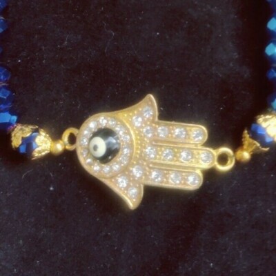 Gold Large Hand Evil Eye- Blue Crystal Elas YGP Bead Bracelet 7.5 ...
