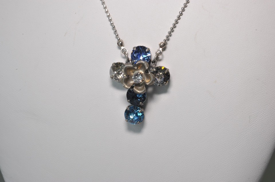 Sabika Silver Tone Necklace Blue Clear Crystal Cross flower Htf Style ...