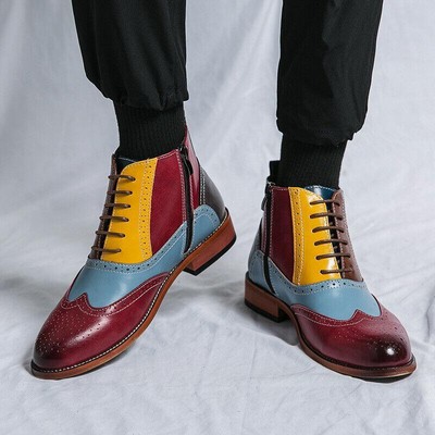 Men's Flat Low-heeled Lace-up Faux Leather Color-block Brolock Chelsea ...