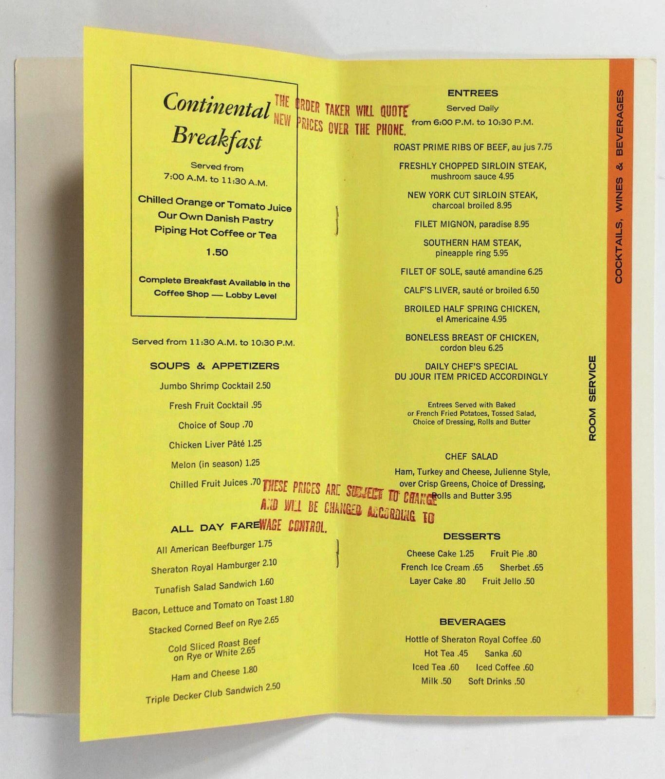 1973 Original Vintage Room Service Menu SHERATON MOTOR INN New York ...