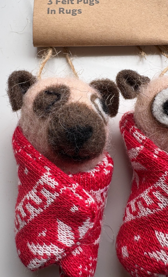 SET OF 3 "FELT PUGS IN RUGS" CHRISTMAS HANGING DECORATIONS. NEW. 8 X 5 ...