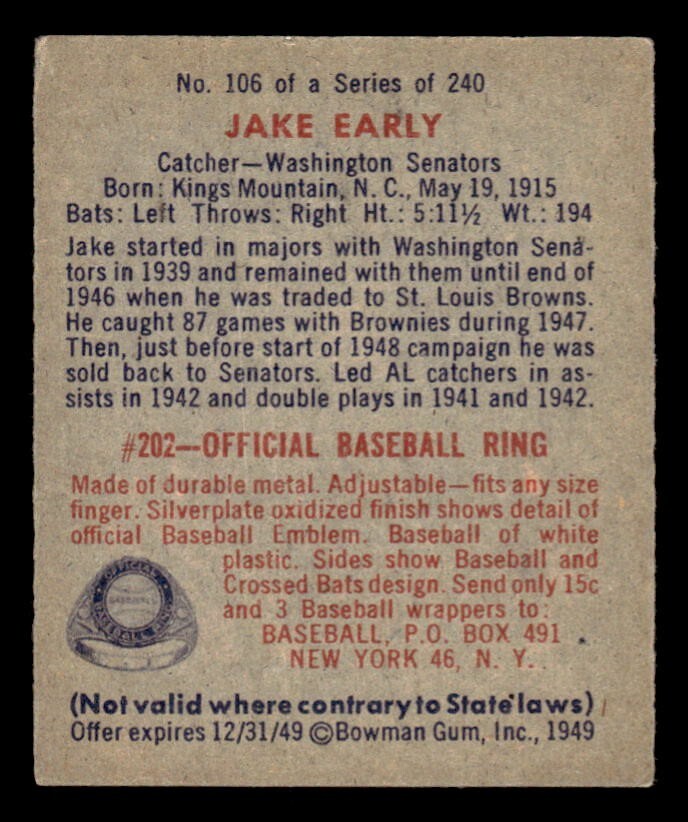 1949 Bowman Baseball #106 Jake Early EX | eBay
