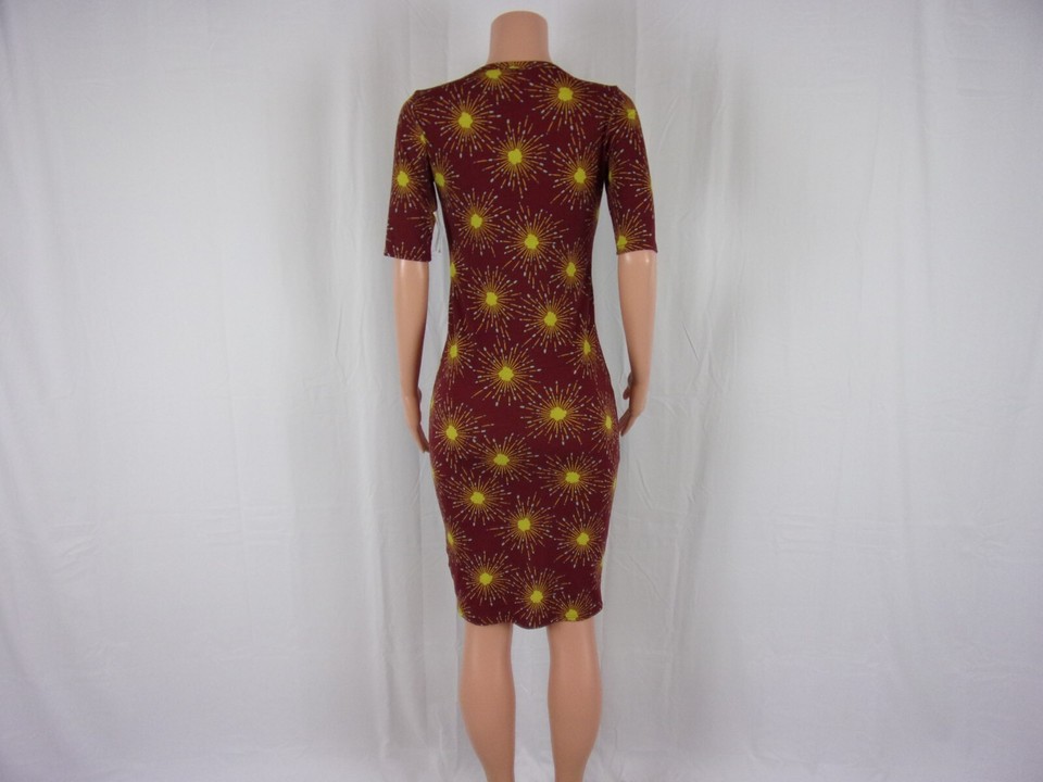 LuLaRoe Pullover 1/2 Sleeve Bodycon Dress SIZE: XS WINE w/YELLOW Design ...