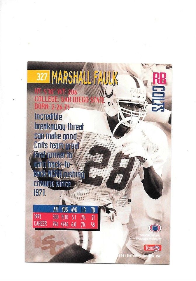 1994 Stadium Club Rookie Marshall Faulk Colts #327 Football Trading ...